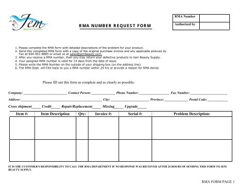 RMA Request Form - Jem Beauty Supply