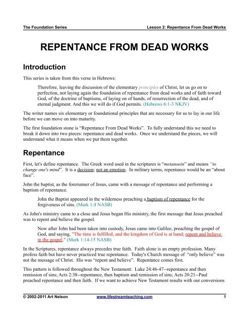 REPENTANCE FROM DEAD WORKS - Lifestream Teaching Ministries