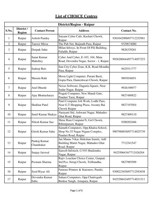 List of CHOiCE Centres - CHiPS