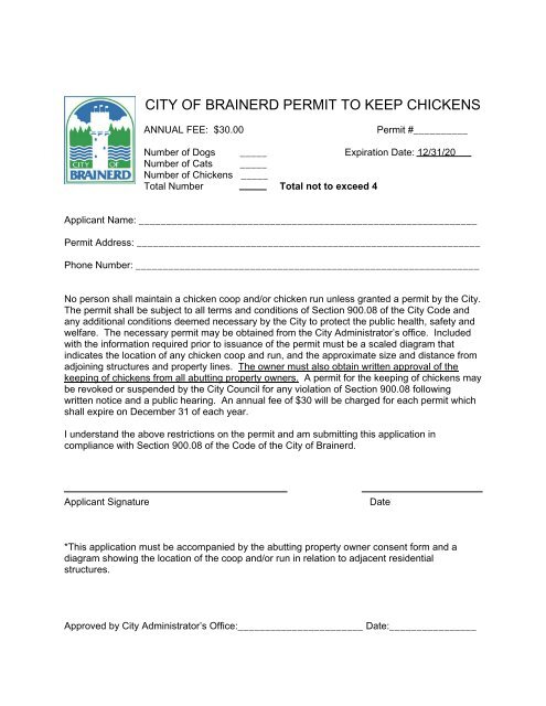 CITY OF BRAINERD PERMIT TO KEEP CHICKENS