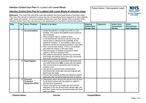 Infection Control Care Plan for a patient with Loose Stools Infection ...