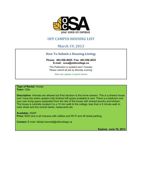 OFF CAMPUS HOUSING LIST March 19, 2013 - Olds College