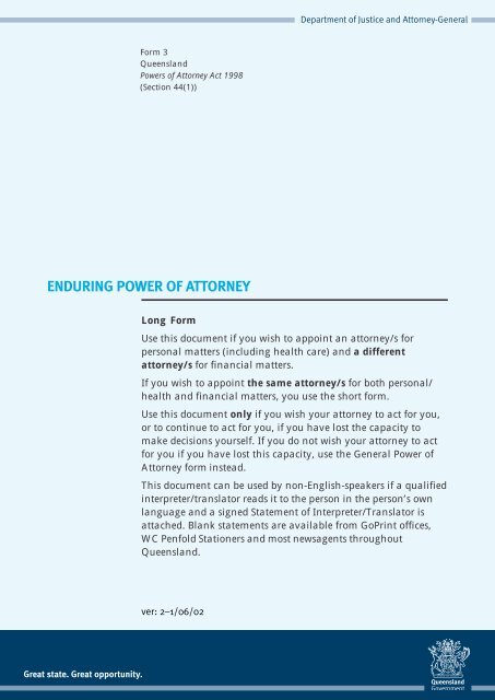 Enduring Power Of Attorney Long Form Department Of Justice And 