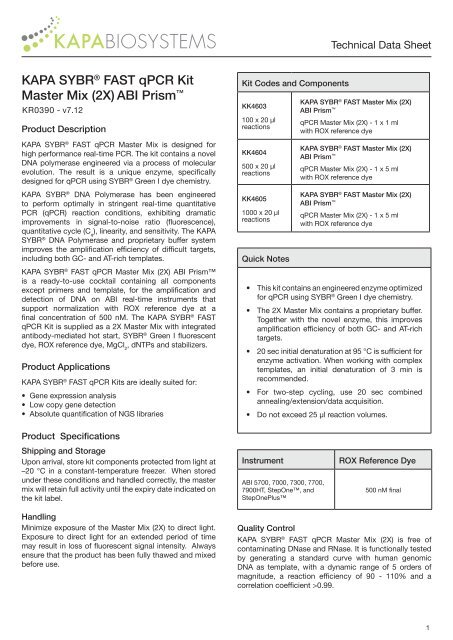 KAPA SYBR® FAST qPCR Kit Master Mix (2X ... - Kapa Biosystems