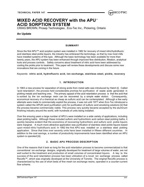 Mixed acid recovery with the apu acid sorption - Eco-Tec