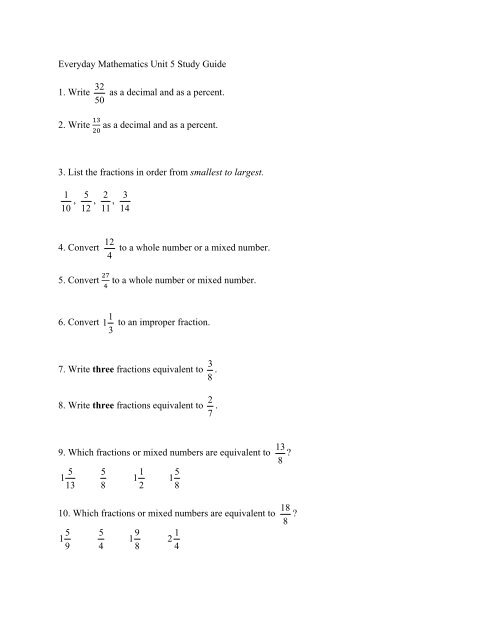 Everyday Mathematics Unit 5 Study Guide 1. Write as a decimal and ...