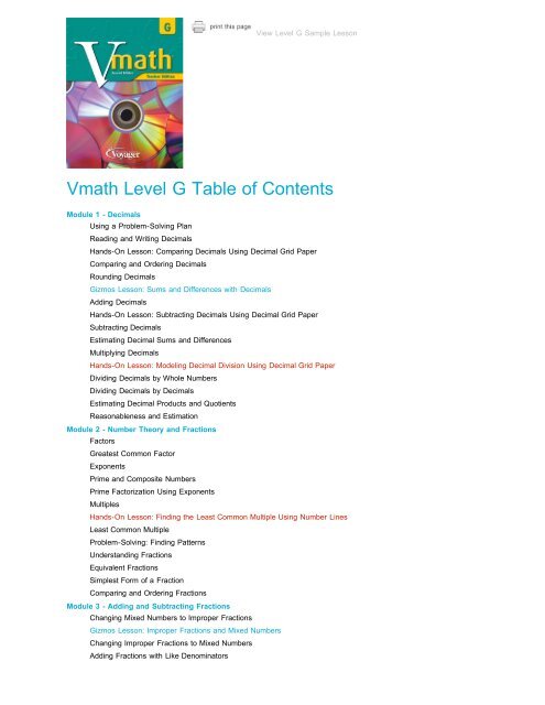 Vmath level g table of contents - LBL ESD