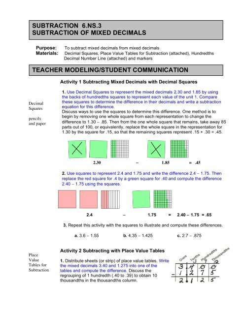 Subtraction of Mixed Decimals - Fraction Bars