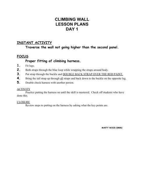 Climbing wall lesson plans day 1