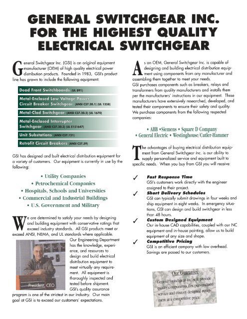 Dead Front Switchboards Metal-Clad Switchgear Unit Substations ...