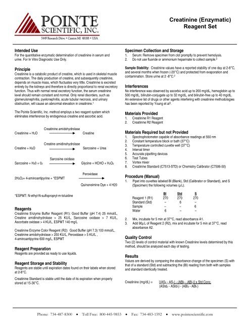 Creatinine (Enzymatic) Reagent Set - Pointe Scientific, Inc.
