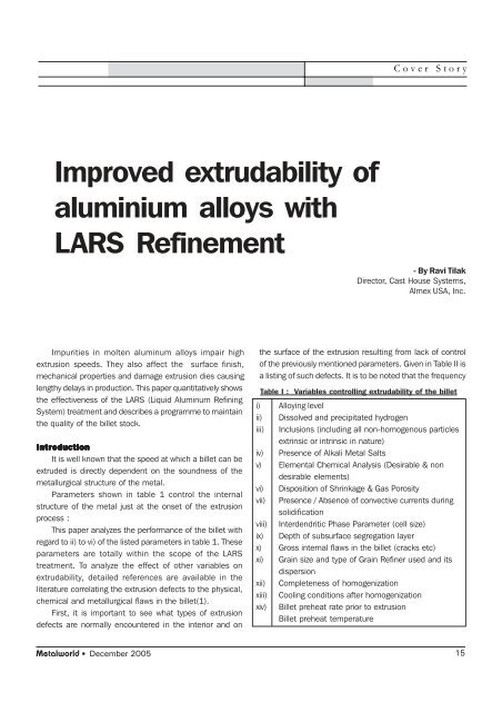 Improved extrudability of aluminium alloys with LARS Refinement