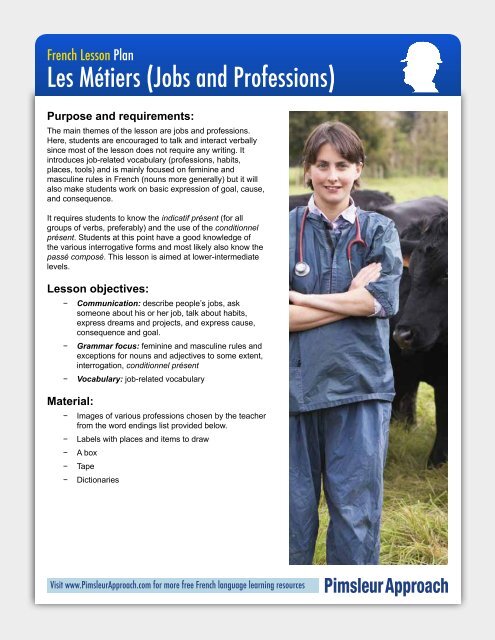 French Lesson Plan Les Métiers (Jobs And Professions - Pimsleur ...