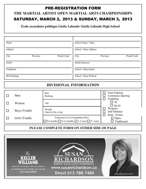 PRE-REGISTRATION FORM THE MARTIAL ARTIST OPEN ...