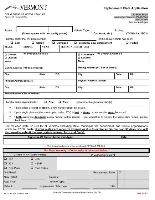 Replacement Plate Application - Vermont Department of Motor ...