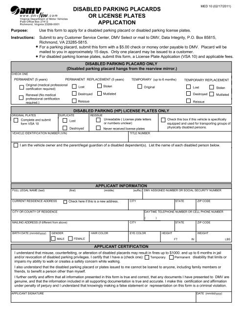 disabled parking placards or license plates application