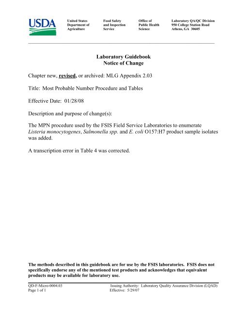 FSIS Most Probable Number Procedure and Tables - Food Safety ...