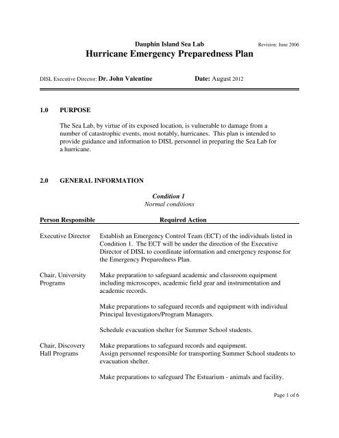 Hurricane Emergency Preparedness Plan - Dauphin Island Sea Lab