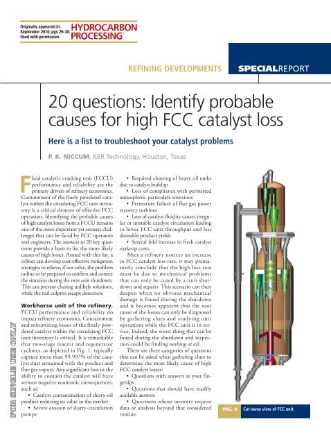 20 questions: Identify probable causes for high FCC catalyst ... - KBR