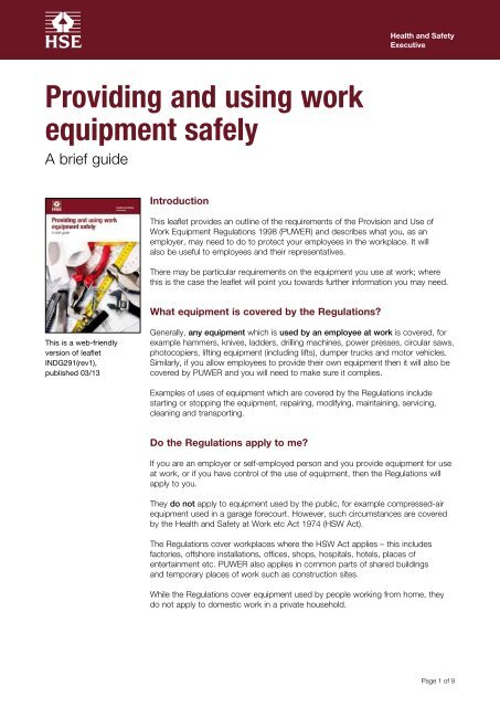 Provision and Use of Work Equipment Regulations - HSE