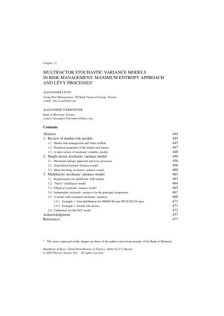 Multifactor Stochastic Variance Models In Risk Management
