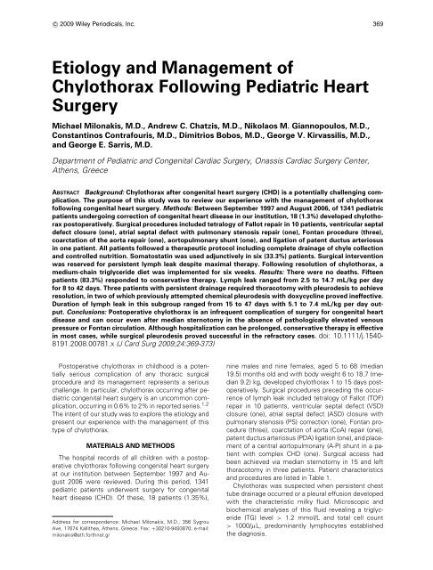 Etiology and Management of Chylothorax Following Pediatric Heart ...