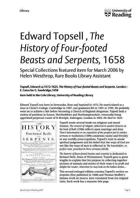 Edward Topsell , The History of Four-footed Beasts and Serpents ...