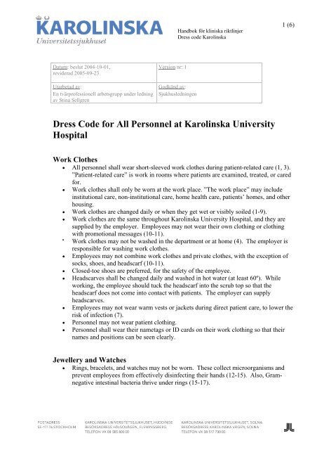 Dress Code for All Personnel at Karolinska University Hospital