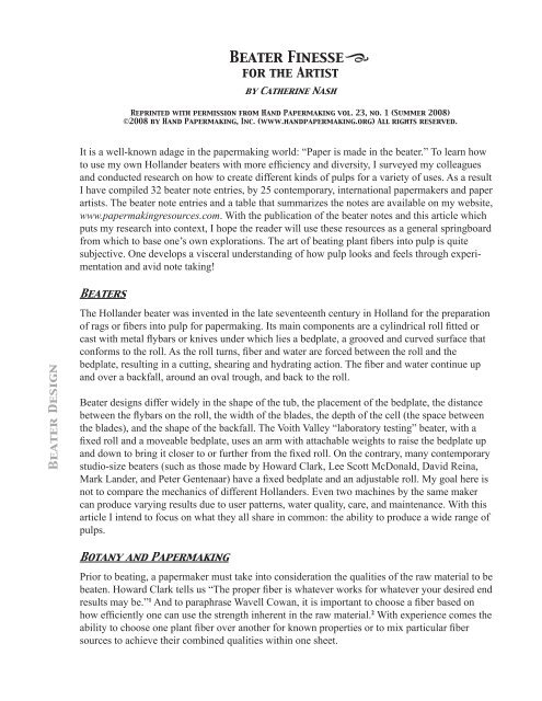 Beater Finesse¬ - Papermaking, paper making, making paper ...