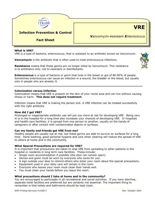 VRE Fact Sheet - Saskatoon Health Region