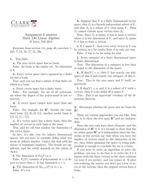 Assignment 6 answers Math 130 Linear Algebra