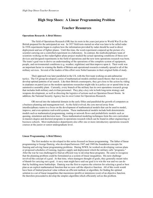 High Step Shoes: A Linear Programming Problem Teacher Resources