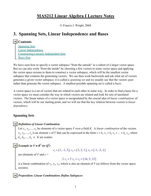 Mas212 Linear Algebra I Lecture Notes 3 Spanning Francis Wright