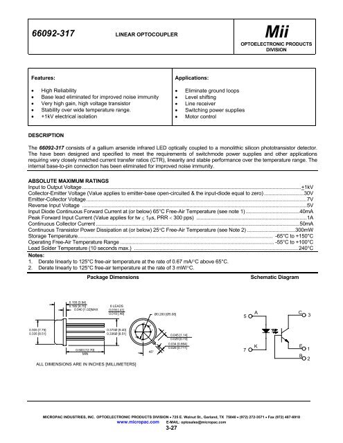 LINEAR OPTOCOUPLER Features: â€¢ High Reliability â€¢ Base lead ...