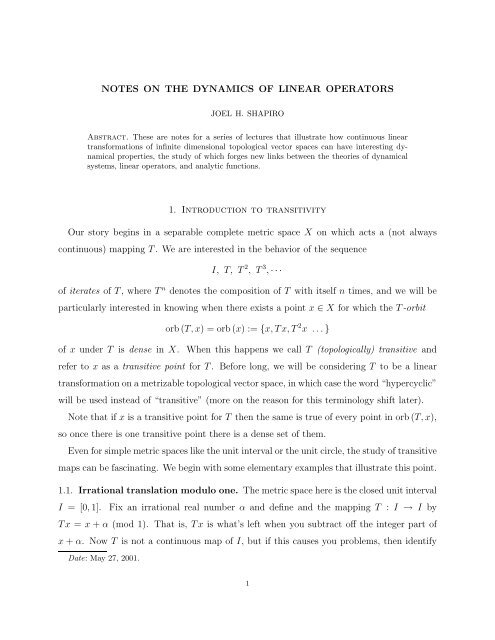 Notes On The Dynamics Of Linear Operators 1