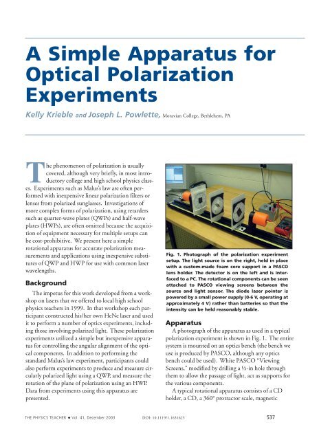 A Simple Apparatus For Optical Polarization Experiments