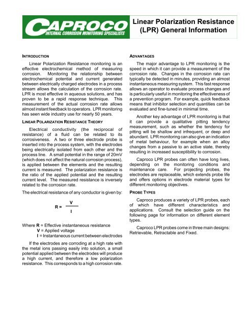 Linear Polarization Resistance (LPR) General Information - Caproco