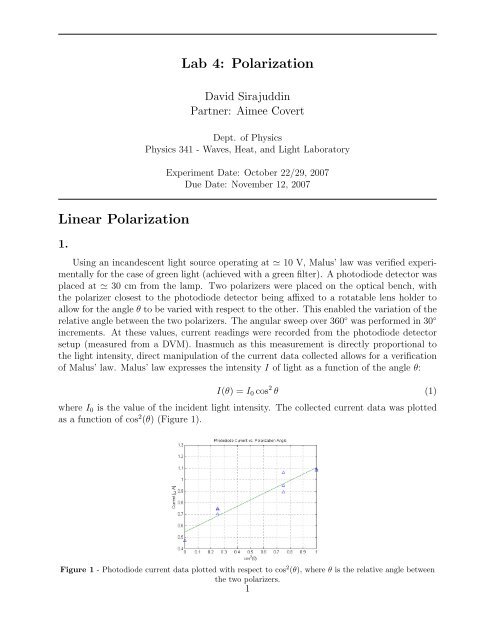 Lab 4: Polarization Linear Polarization - Itcanbeshown.com