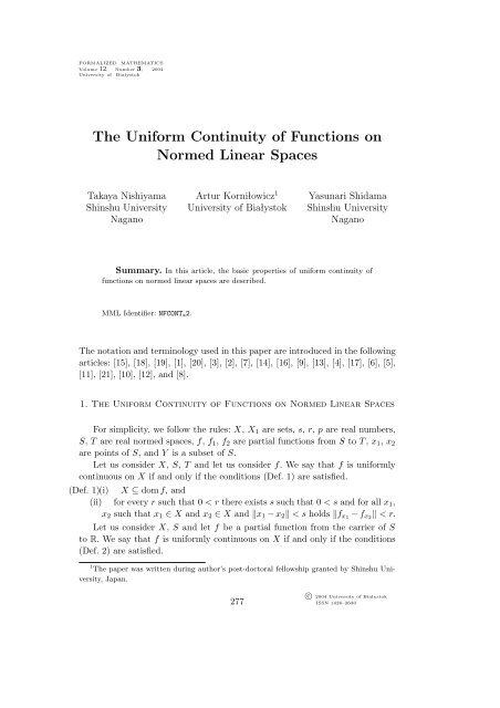 The Uniform Continuity of Functions on Normed Linear Spaces