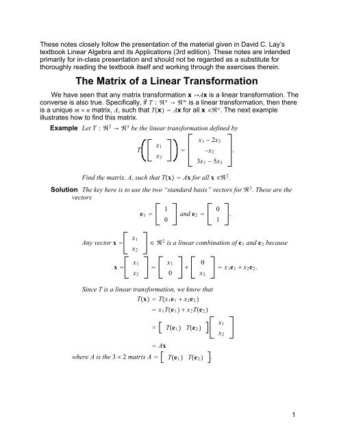 The Matrix of a Linear Transformation The Matrix of a Linear Transformation