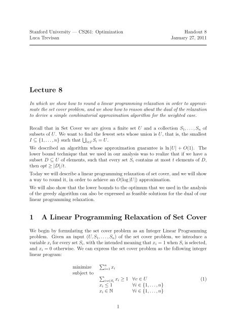 Lecture 8 1 A Linear Programming Relaxation Of Set Cover 7864