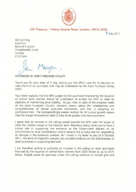 Letter from the Chancellor of the Exchequer to - HM Treasury