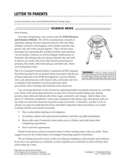 LETTER TO PARENTS - FOSSweb!