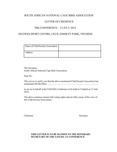 SANCBA Letter of Credence - Pretoria Cage Bird Club