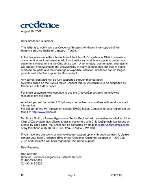August 10, 2007 Dear Credence Customer, This letter is to notify you ...