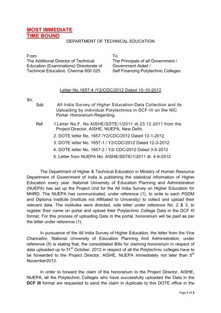 All India Survey of Higher Education-Honorarium letter