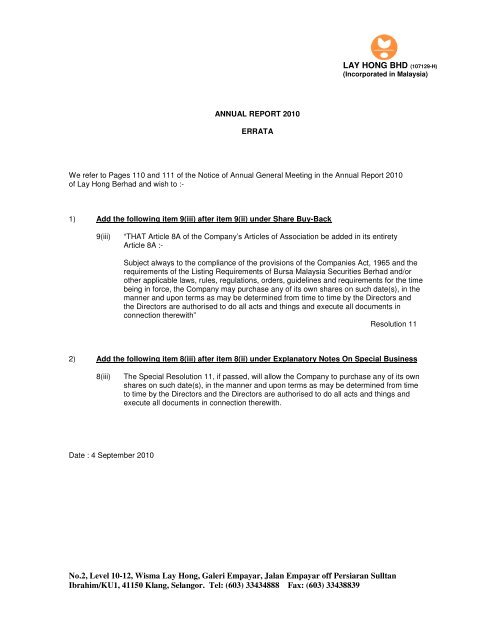 LAY HONG BHD (107129-H) No.2, Level 10-12, Wisma Lay Hong ...
