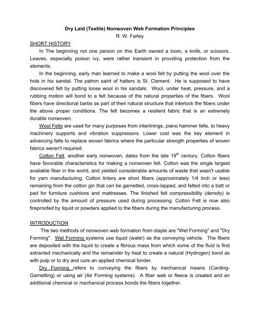 Dry Laid (Textiles) Nonwoven Web Formation Principles - INDA