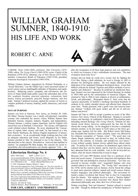 WILLIAM GRAHAM SUMNER, 1840-1910: - Libertarian Alliance