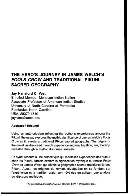 The Hero's Journey In James Welch's Fools Crow - Brandon University